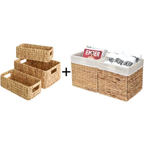 StorageWorks 5-Pack Water Hyacinth Storage Baskets, Square Wicker Baskets with Built-in Handles