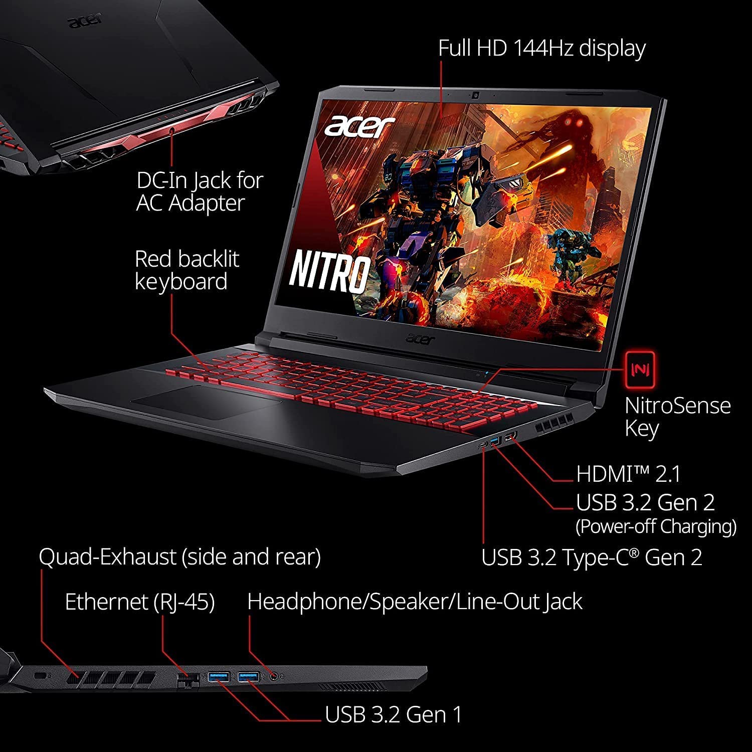 Acer 2022 Newest Nitro 5 Gaming Laptop, 15.6" FHD 144Hz IPS-Display, Intel Core i7-11800H, NVIDIA GeForce RTX 3050 Ti, 8GB DDR4, 1TB SSD, Backlit KB, Killer Wi-Fi 6, Windows 11, Black
