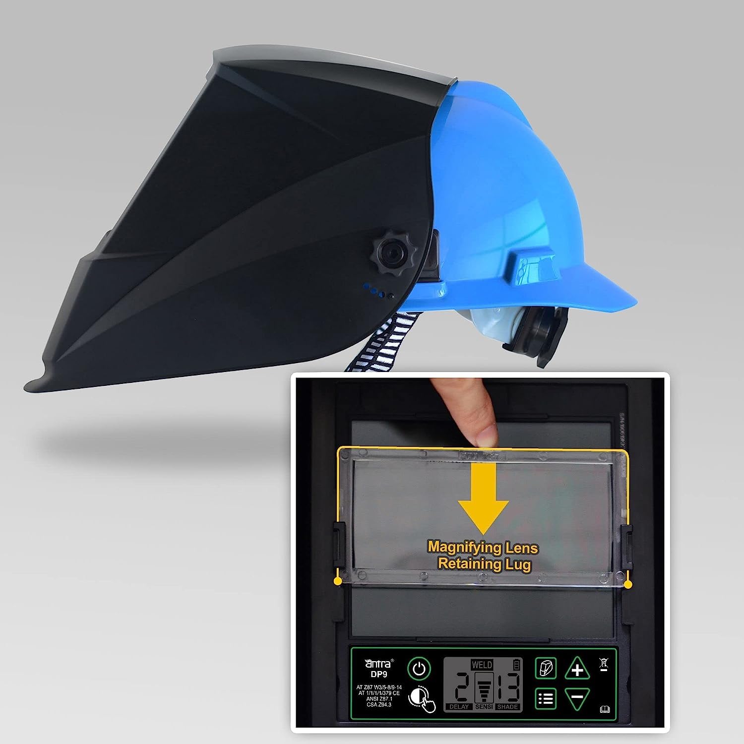 Antra Digital Auto Darkening Welding Helmet DP9-1X - True Color TOP Optical Class 1/1/1/1, Wide Shade Range 4/5-14 w Shade Lock, Low TIG Rating 2A - Precision Protection for Welding Excellence