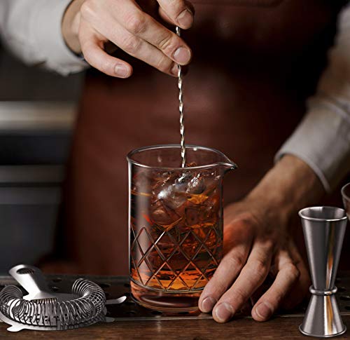 MOFADO Crystal Cocktail Mixing Glass Set - 4 Piece - 18oz 550ml - Thick and Sturdy Bottom, Durable Crystal Mixing Glass, Spoon, Jigger, Strainer - Beautiful Gift