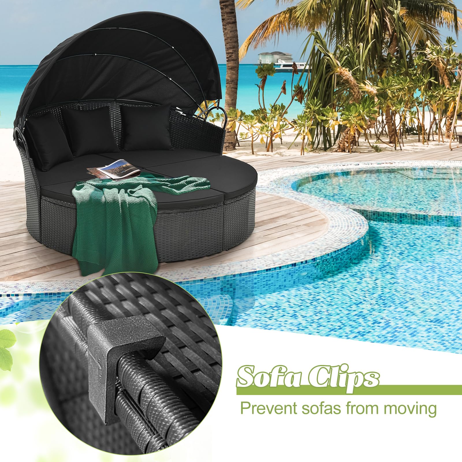 Tangkula Outdoor Patio Round Daybed with Retractable Canopy, Black Rattan Wicker Furniture Sectional Seating with Cushions and Throw Pillows, Seating Separates Cushioned Seats for Backyard (Black)
