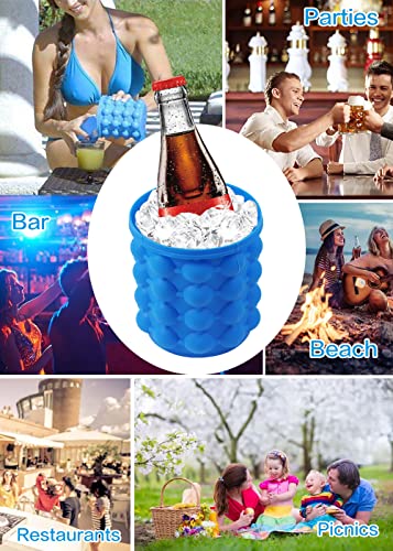 Ice Cube Mold Ice Cube Trays, New 3D Ice Cubes Maker(2 in 1), Large Cylindrical Silicone Ice Bucket for Frozen Cocktail, Beverages and More - Blue