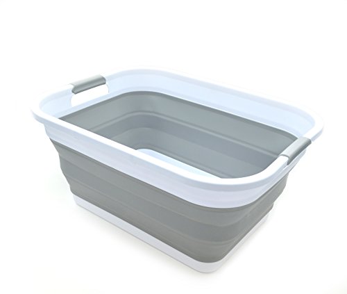 SAMMART 41L(10.8 gallon) Collapsible Plastic Laundry Basket-Foldable Pop Up Storage Container/Organizer-Portable Washing Tub-Space Saving Hamper, Water capacity: 32L (8.4 gallon) (Rectangular, Grey)