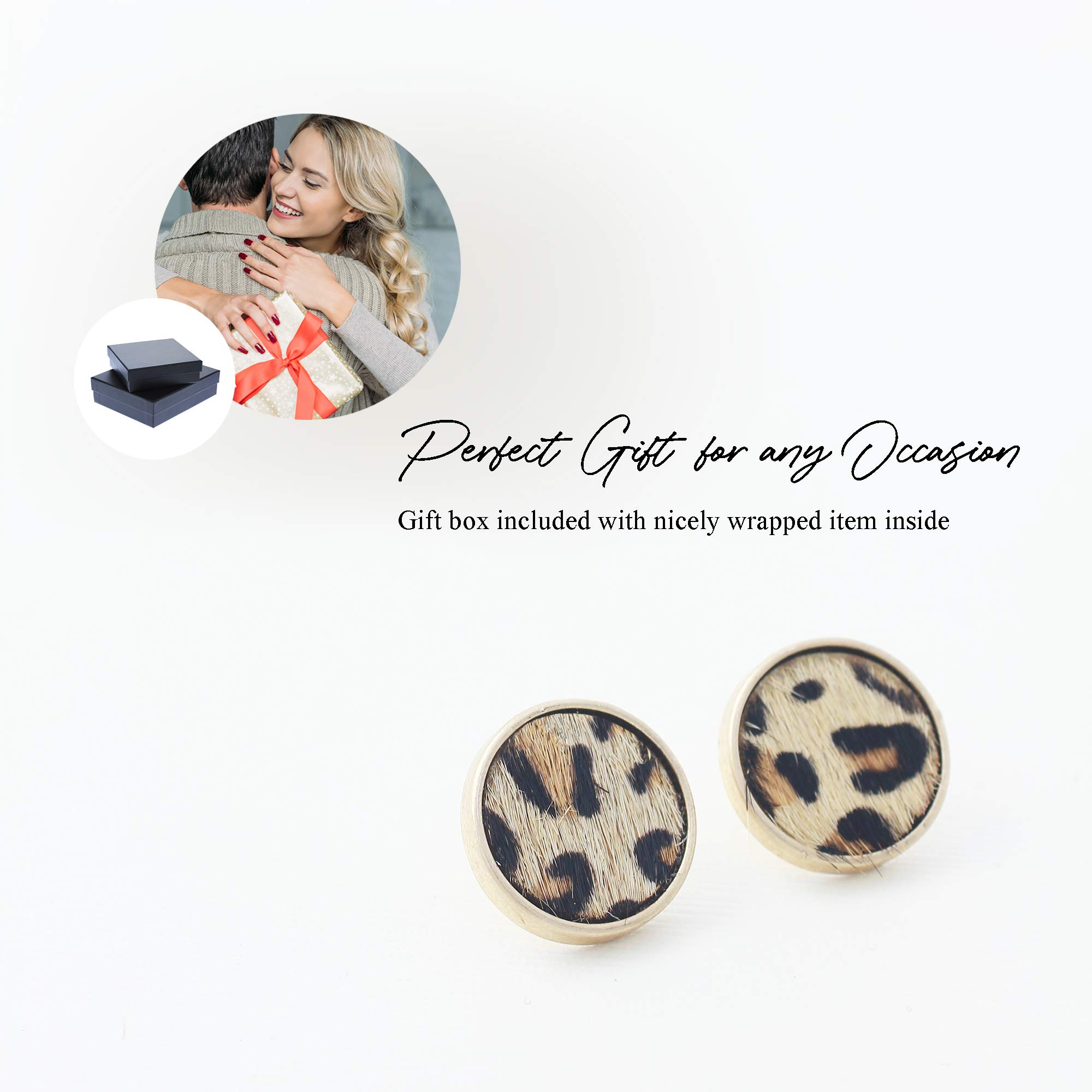 Animal Print Stud Earrings for Women – Leopard, Jaguar, Zebra, Snakeskin – Genuine Leather – Round, Oval, Teardrop - Fashion Statement Earrings - Gift Box Included (Round - Leopard)