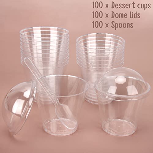 HawHawToys Dessert Cups with Dome Lids and Spoons, 100 Pack 3 OZ Round Mini Plastic Parfait Cups for Party Individual Desserts, Appetizers Serving (3 oz, 100)