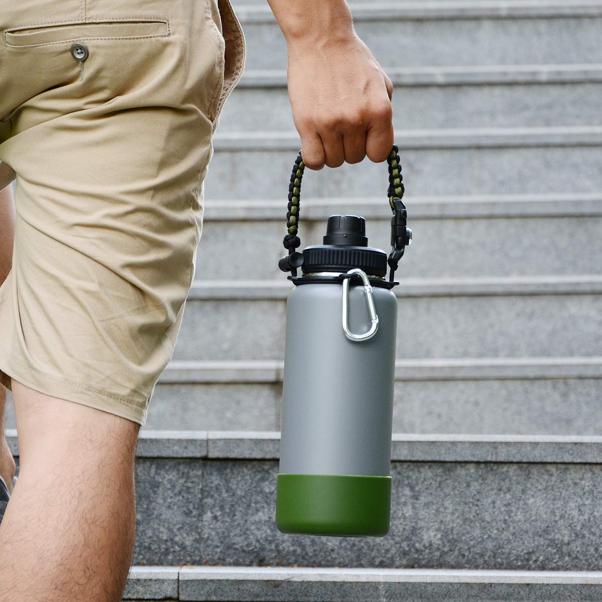 Affute Paracord Handle for Hydroflask Wide Mouth Bottles, with Safety Ring and Carabiner, Plus one Protective Silicone Sleeve, Best Value Set (32-40oz, Army Green)