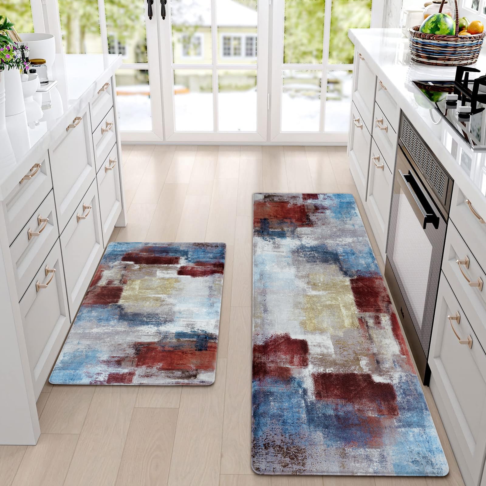ASPMIZ Farmhouse Kitchen Rug Set 2 Piece, Floral Kitchen Rugs and Mats Waterproof, Anti Fatigue Kitchen Runner Rug Non Slip Washable, Cushioned Kitchen Mat for Floor, 18'' X 48'' + 18'' X 30'', Black