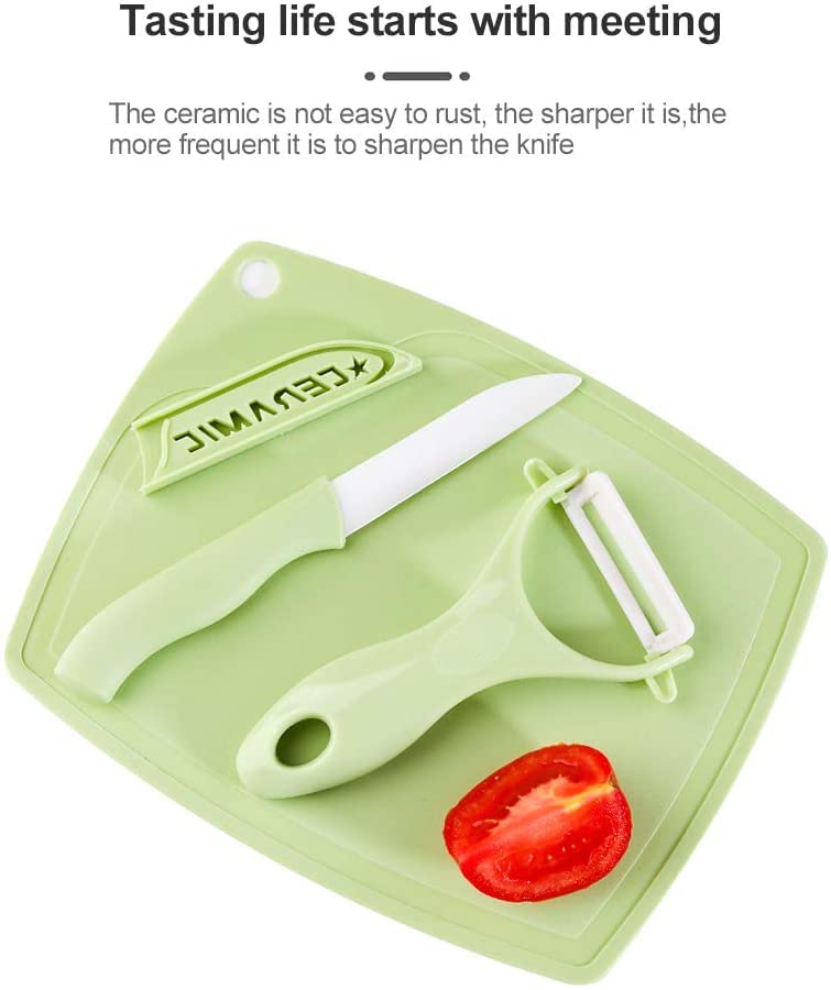 Auniwaig 3-Piece Green Kitchen Utensils, 6.30"x0.79" Ceramic Knife, 4.92"x3.15" Peeler, 7.48"x2.36" Cutting Board for Cutting Fruits Vegetables and Boneless Meat Small Set for Outdoor Camping