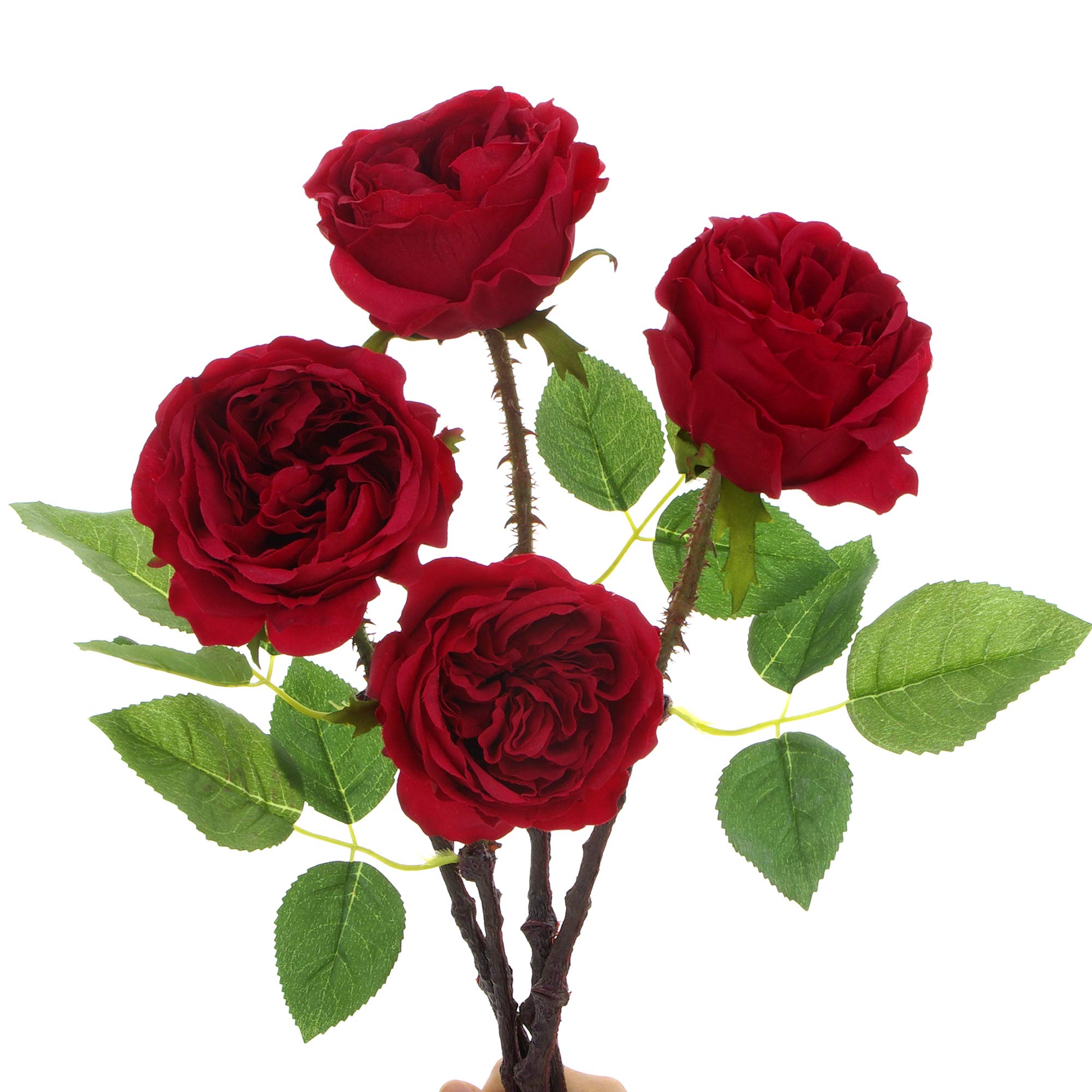 Final Sale-Extra-Realistic & Large Artificial Silk Garden Rose Flowers | Faux Peony Stems | Set of 4 | Red