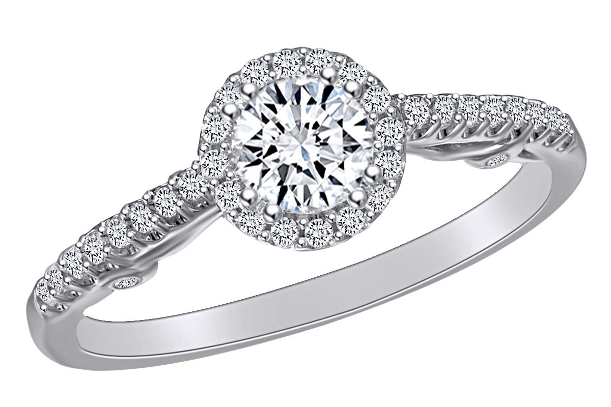 AFFY 0.36 Carat (Ctw) Round Shape White Natural Diamond Halo Engagement Wedding Ring In 14k Solid White Gold Ring Size-5