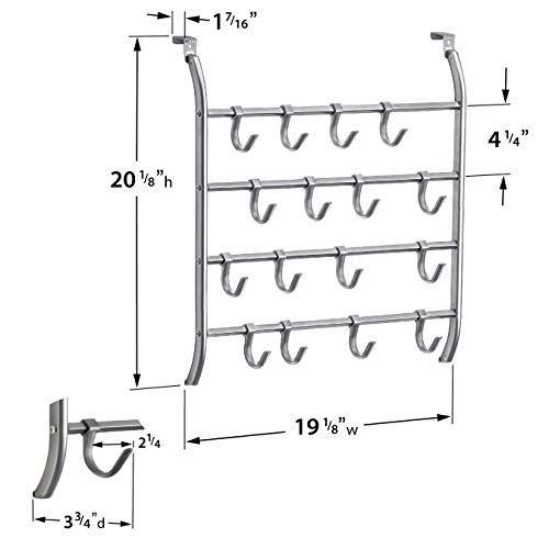Lynk® Over Door or Wall Mount 16 Hook Rack - Shirt, Belt, Hat, Coat, Towel, Purse, Bra Organizer - Platinum