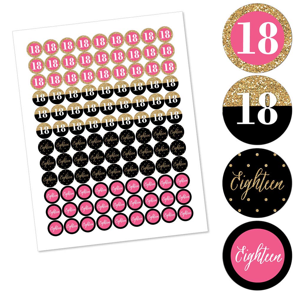 Big Dot of Happiness Chic 18th Birthday - Pink, Black and Gold Round Candy Sticker Favors Labels Fit Chocolate (1 Sheet 108)