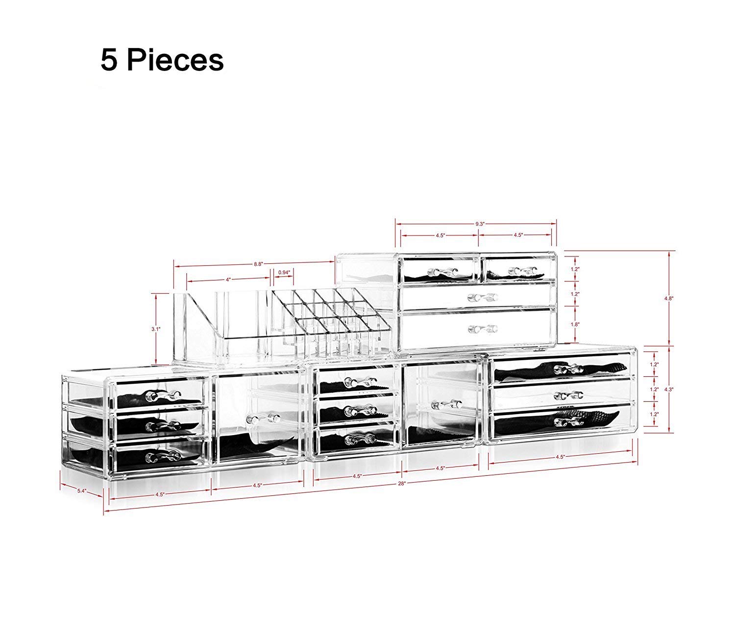 Felicite Home Acrylic Jewelry and Cosmetic Storage Makeup Organizer Set, 5 Piece,Large