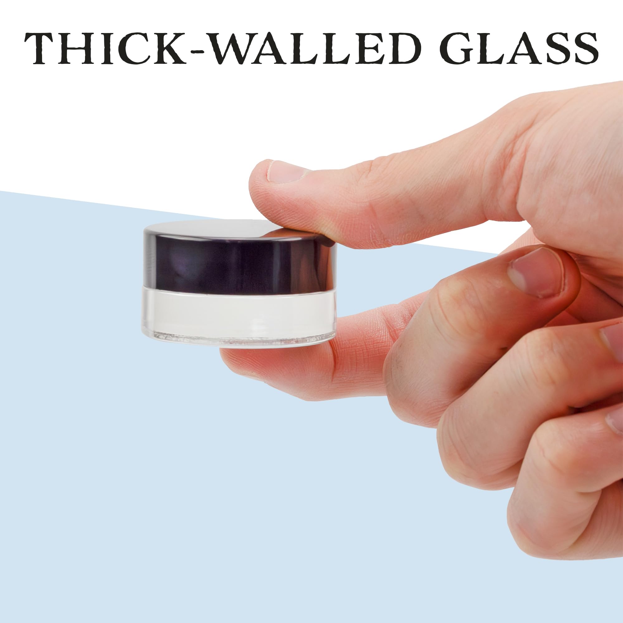 Cornucopia Brands 7-Milliliter Clear Glass Balm Jars (12-Pack); 1/4 oz Cosmetic Jars w/Lined Black Plastic Lids