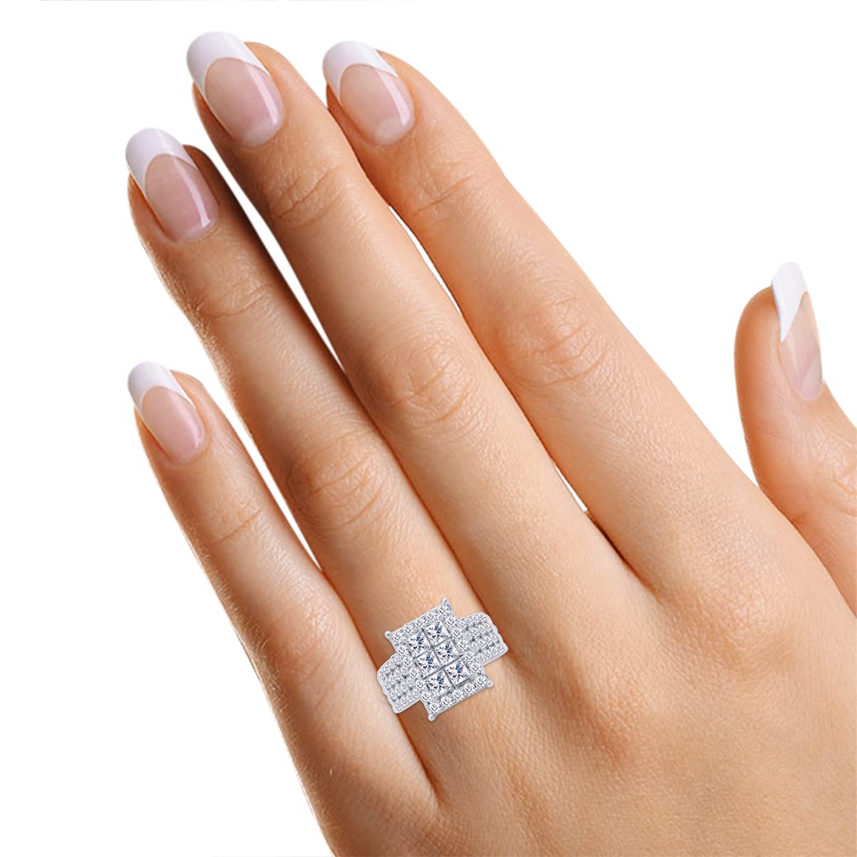AFFY 5CTW Princess Cut And Round Simulated Diamond Cluster Engagement Ring In 14k White Gold Plated 925 Sterling Silver Jewelry Gift For Her Size-10
