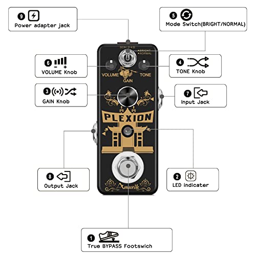 Amuzik Plexion Distortion Pedal for Guitar & Bass with Bright and Normal Mode True Bypass, AK-324