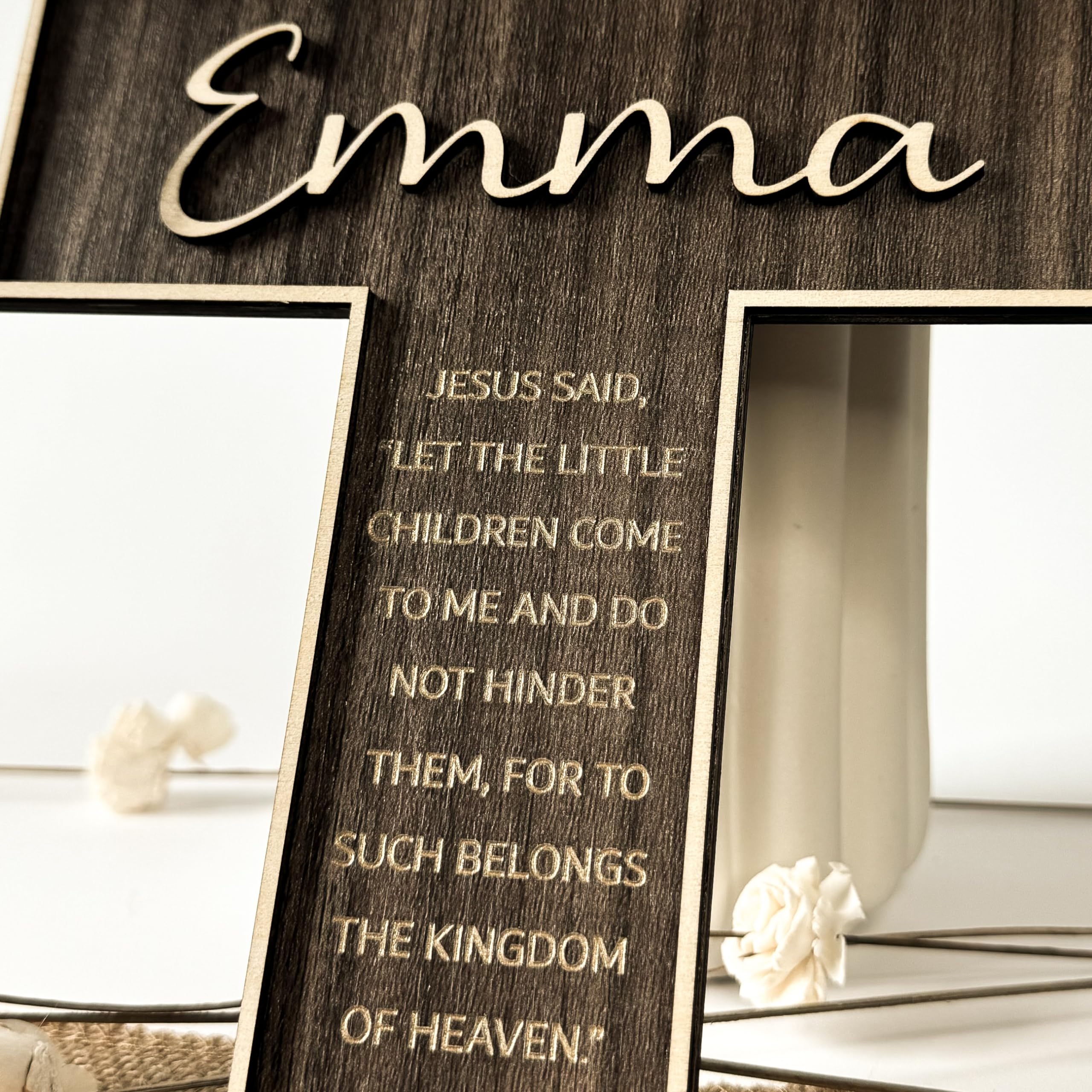 Personalized Engraved Wood Cross, Christian Wooden Cross for Baptism, Holy Communion, Confirmation or Newborn Gift Keepsake with Custom Name and Date with Message (Walnut)