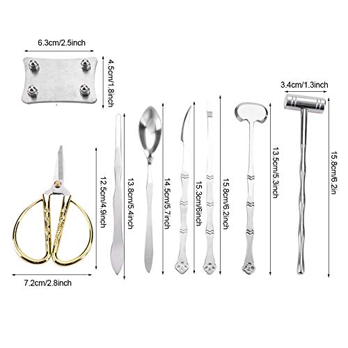 Crab Tool, 8Pcs Crab Leg Crackers and Tools Stainless Steel Nut Lobster Cracker Opener Set Seafood Claw Tool Set Hammer Spoon Shaving Scissors Axe Fork Tweezers Little Chopping Block with Package Box