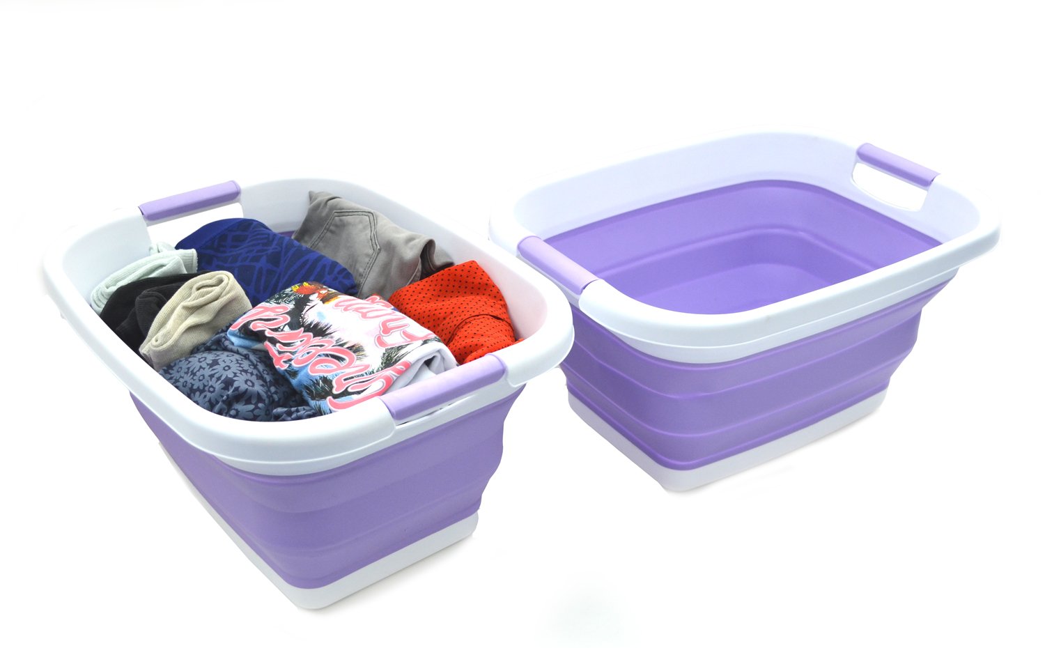 SAMMART Set of 2-25L (6,6 gallon) Collapsible Laundry Basket/Tub-Foldable Storage Container/Organizer-Portable Washing Bin-Space Saving Hamper, Water capacity: 20L (5.28 gallon) (2, Lt. Purple)