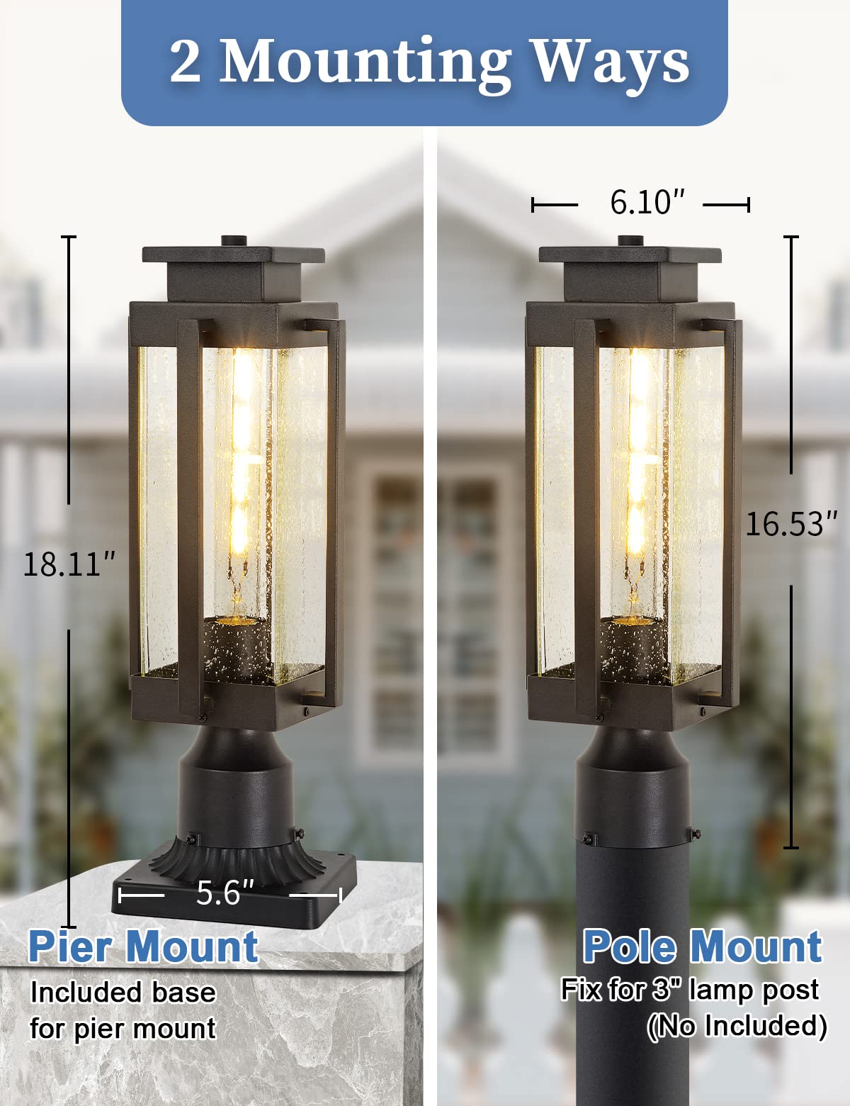 EERU Outdoor Post Light Fixtures 18" Large Exterior Post Lantern with Pier Mount Base IP65 Waterproof Black Finish with Seeded Glass Pier Mount Light Outdoor Pole Light for Patio, Porch, Yard, Garden