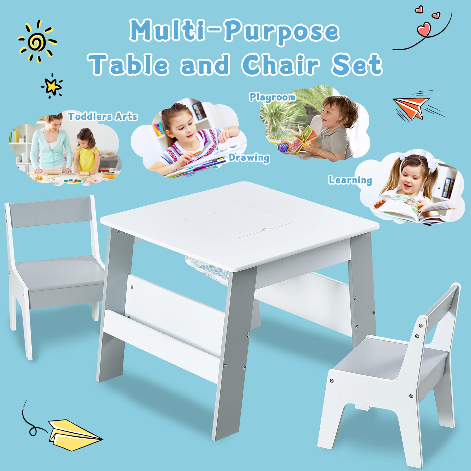 Anxious monkey Kids Table and Chairs Set, 2 in 1 Desk with Storage Space Wooden Activity Tabletop for Kids, Unique, Sturdy Children Table and Chairs Set for Reading, Drawing, Playroom, Gift for Kids