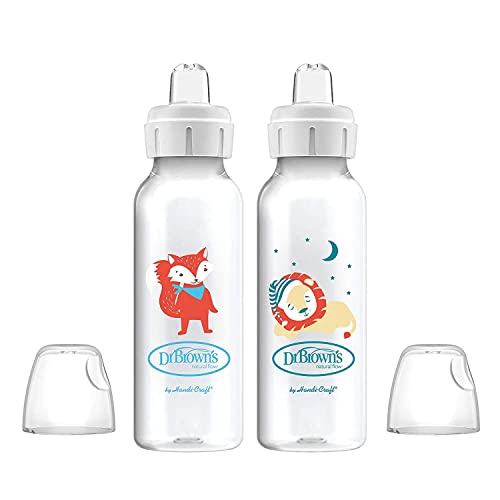 Dr. BrownâsÂŽ Milestones⢠Narrow Sippy Bottle, 100% Silicone Soft Sippy Spout, 8oz/250mL, Fox & Lion, 6m+