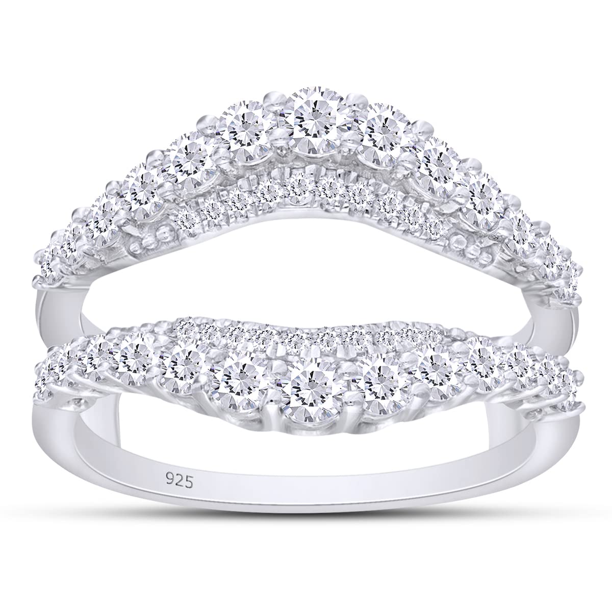 AFFY Round Cut White Cubic Zirconia Double Row Prong Set Contour Solitaire Enhancer Engagement Ring In 14k White Gold Over Sterling Silver (2.06 Cttw) Ring Size-5
