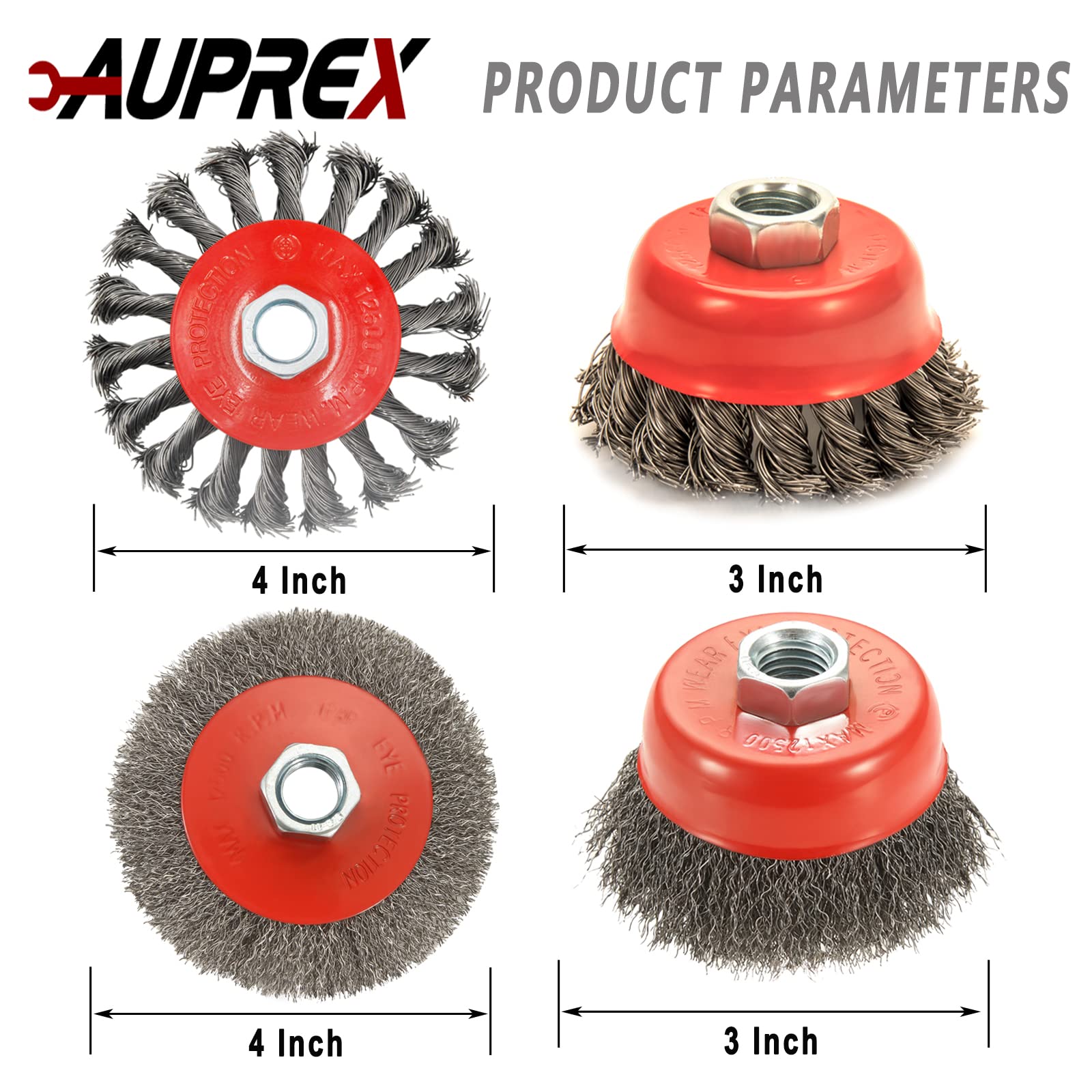 AUPREX 4 Pack Wire Wheel Brush for Angle Grinder, 4 Inch Angle Grinder Wire Wheel Set, 3 Inch Wire Cup Brush for 4 1/2 Angle Grinder, 5/8β-11 Thread Arbor, Twist Knotted Coarse Crimped Wire Brush Set