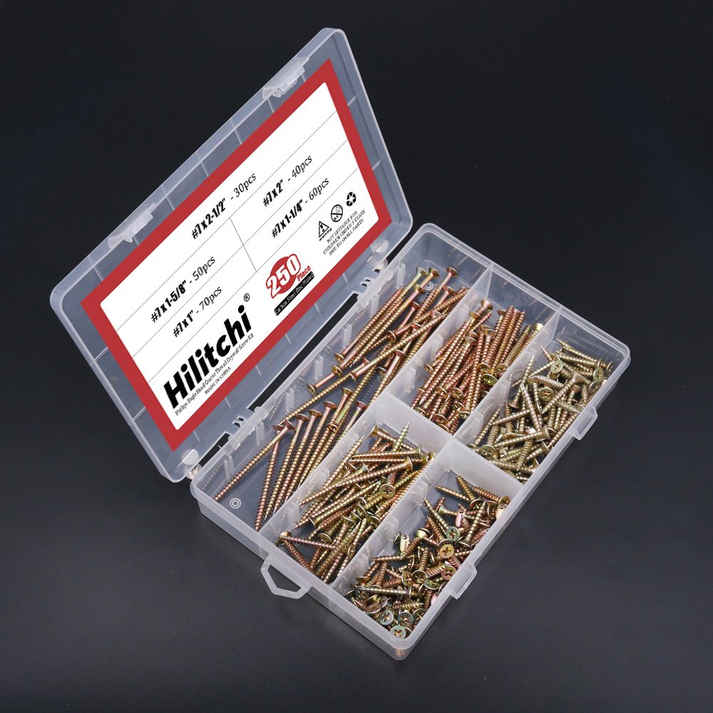Hilitchi 250-Pcs #7 Phillips Bugle Head Coarse Thread Drywall Screw Assortment Kit, Carbon Steel Zinc Plated, Ideal Screw for Drywall Sheetrock, Wood, and More