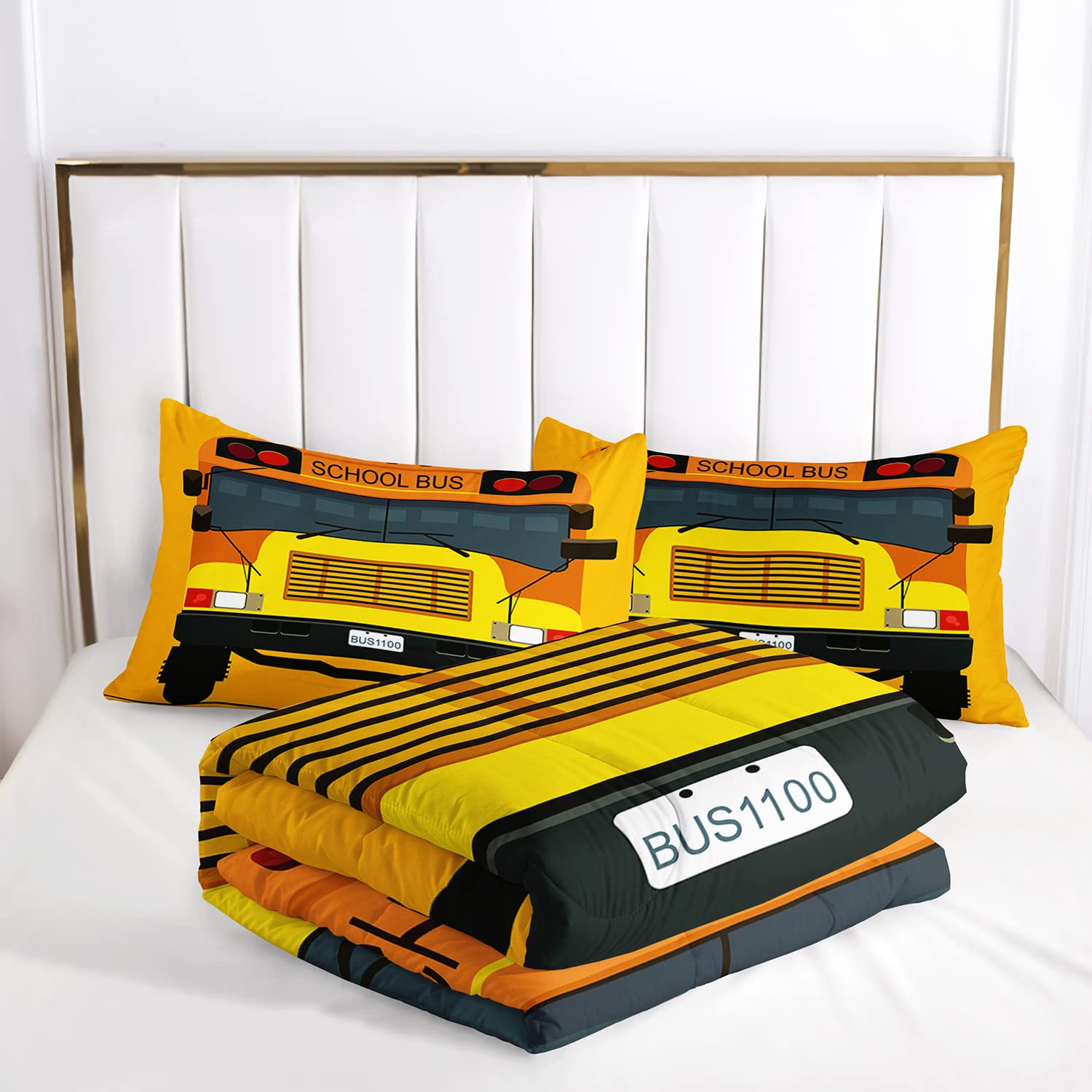 BBchose 3D Cartoon School Bus Bedding Set for Kids,Funny School Bus Ultra Soft All Seasons Comforter Set Cool Car Theme Bed Set 1 Comforter 2 Pillowcases (Queen)