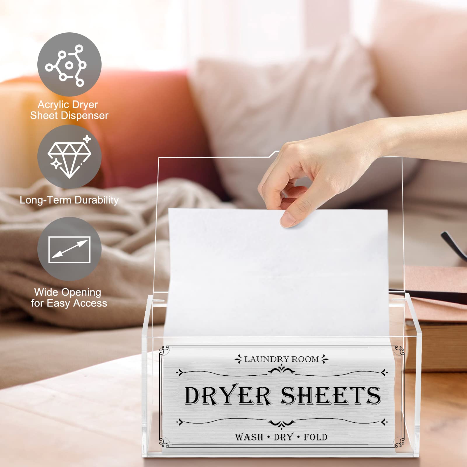 Acrylic Dryer Sheet Dispenser with Lid, Laundry Clear Dryer Sheet Holder Decor and Accessories, Modern Style Transparent Container Laundry Organization and Container Storage Box (Clear)