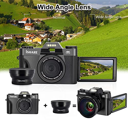 ISHARE Digital Camera for Photography 48MP Vlogging Camera, 4K Video Camera for YouTube with WiFi, 3.0 Inch Flip Screen, 16X Digital Zoom Camcorder with 32GB Micro Card