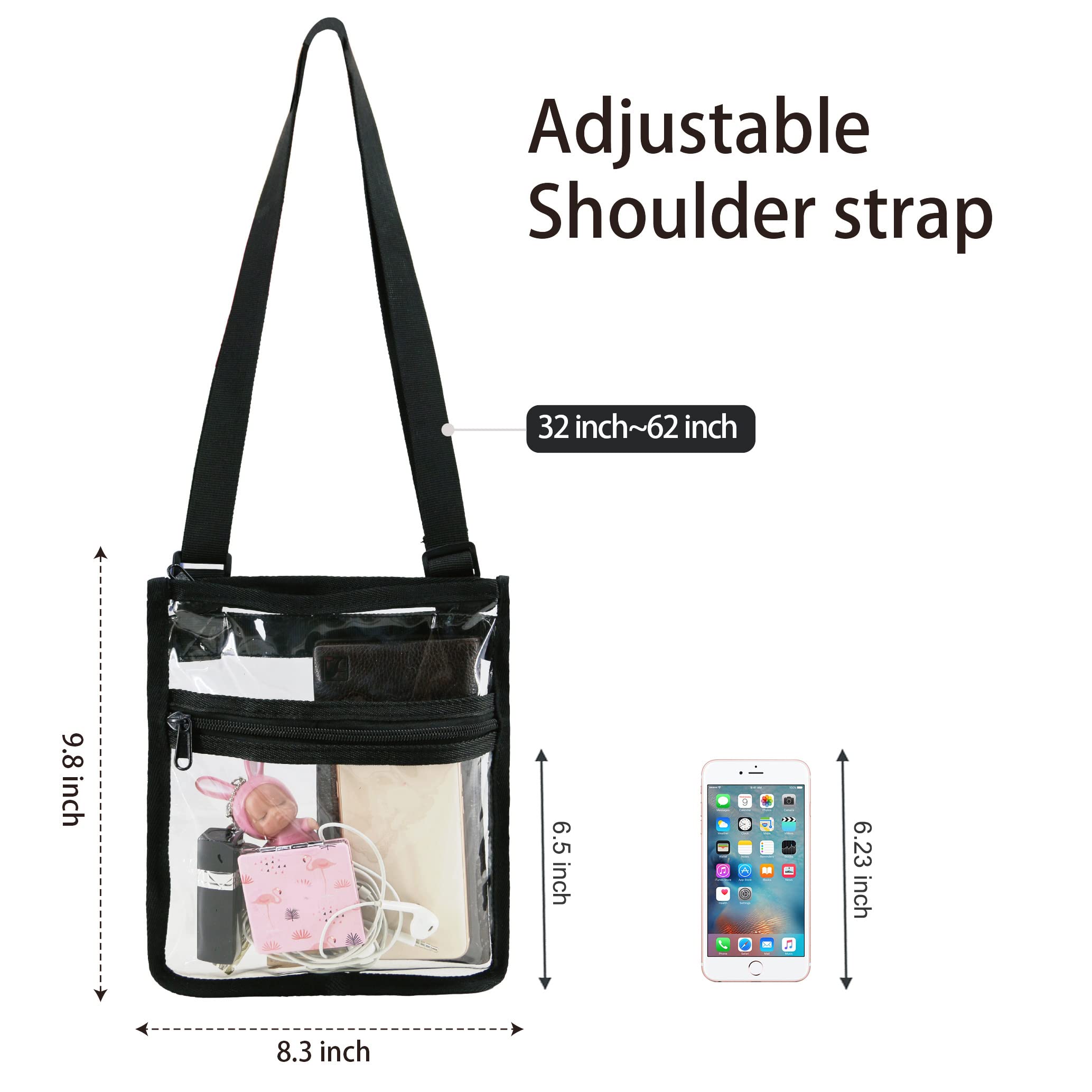 BeeGreen Black Clear Bag Stadium Approved Small Clear Purse with Extra Pocket for Women & Men,Clear Crossbody Purse for Concert, Sporting Events,Clear Messenger Bag w Long Strap for College Gift