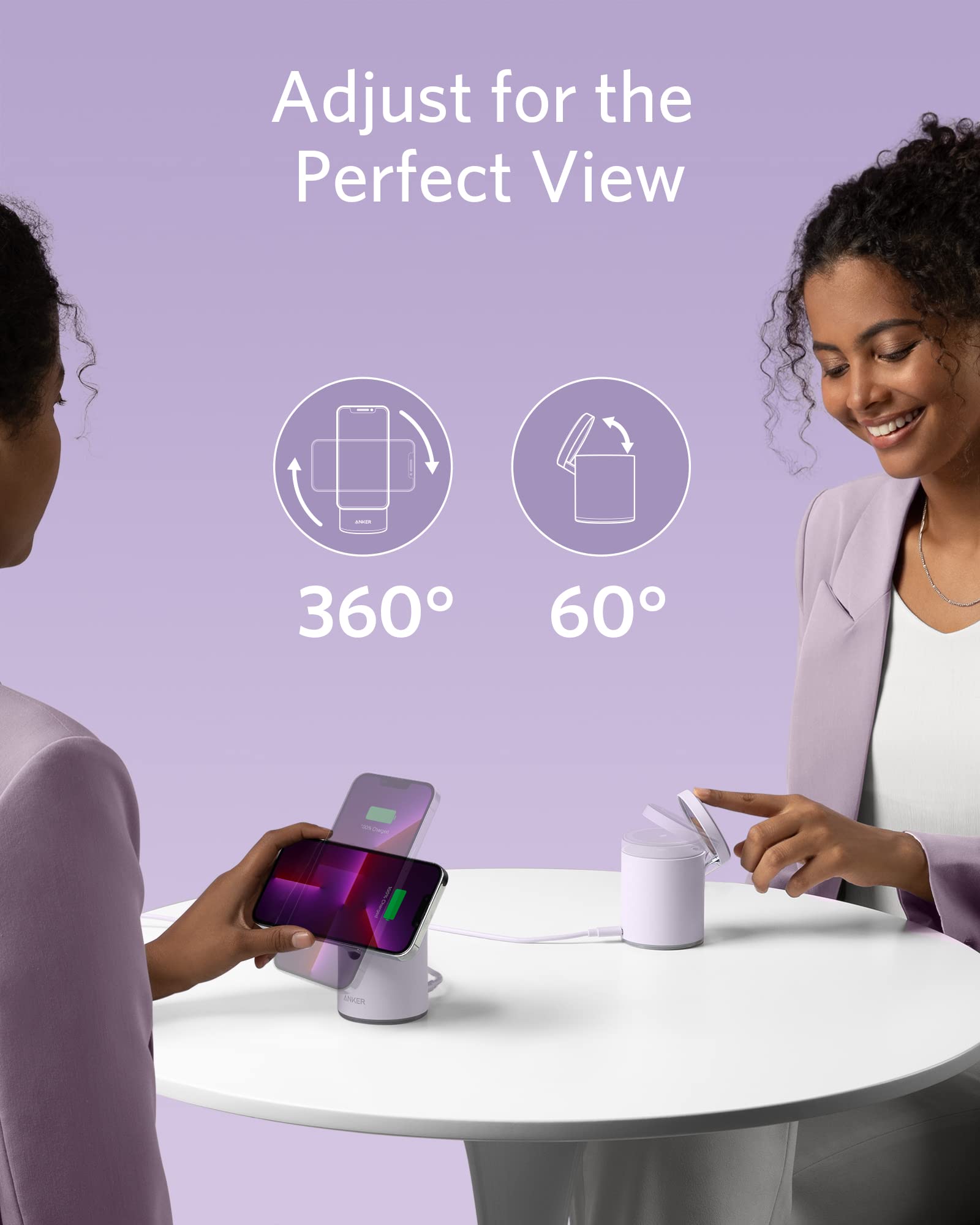 Anker Magnetic 623 MagGo 2-in-1 Wireless Charging Station with 20W USB-C Charger, for iPhone 14/14 Pro/14 Pro Max/13/13 Pro Max, AirPods Pro (Lilac Purple)