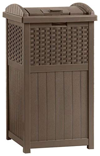 Suncast GHW1732 15.75" x 16" x 31.6" Trashcan Hideaway Outdoor Commercial 33 Gallon 31.6" Resin Garbage Waste Bin with Lid in Brown for Garage, 2 Pack