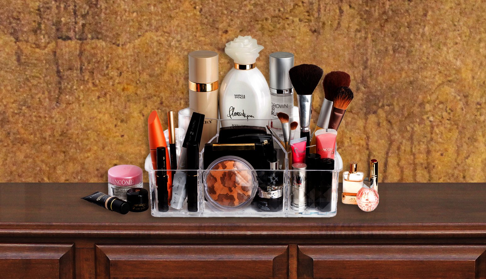 Masirs Clear Cosmetic Storage Organizer - Easily Organize your Cosmetics, Jewelry. Looks Elegant Sitting on your Vanity, Bathroom Counter or Dresser. Clear Design for Easy Visibility.