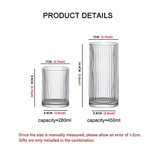 INSETLAN Glass Cups Vintage Glassware Set of 4 Large, Origami Style Transparent Cocktail Glasses Set, Bar Beverages Ice Coffee Cup Juice Ripple Drinkware, 450ml (L)