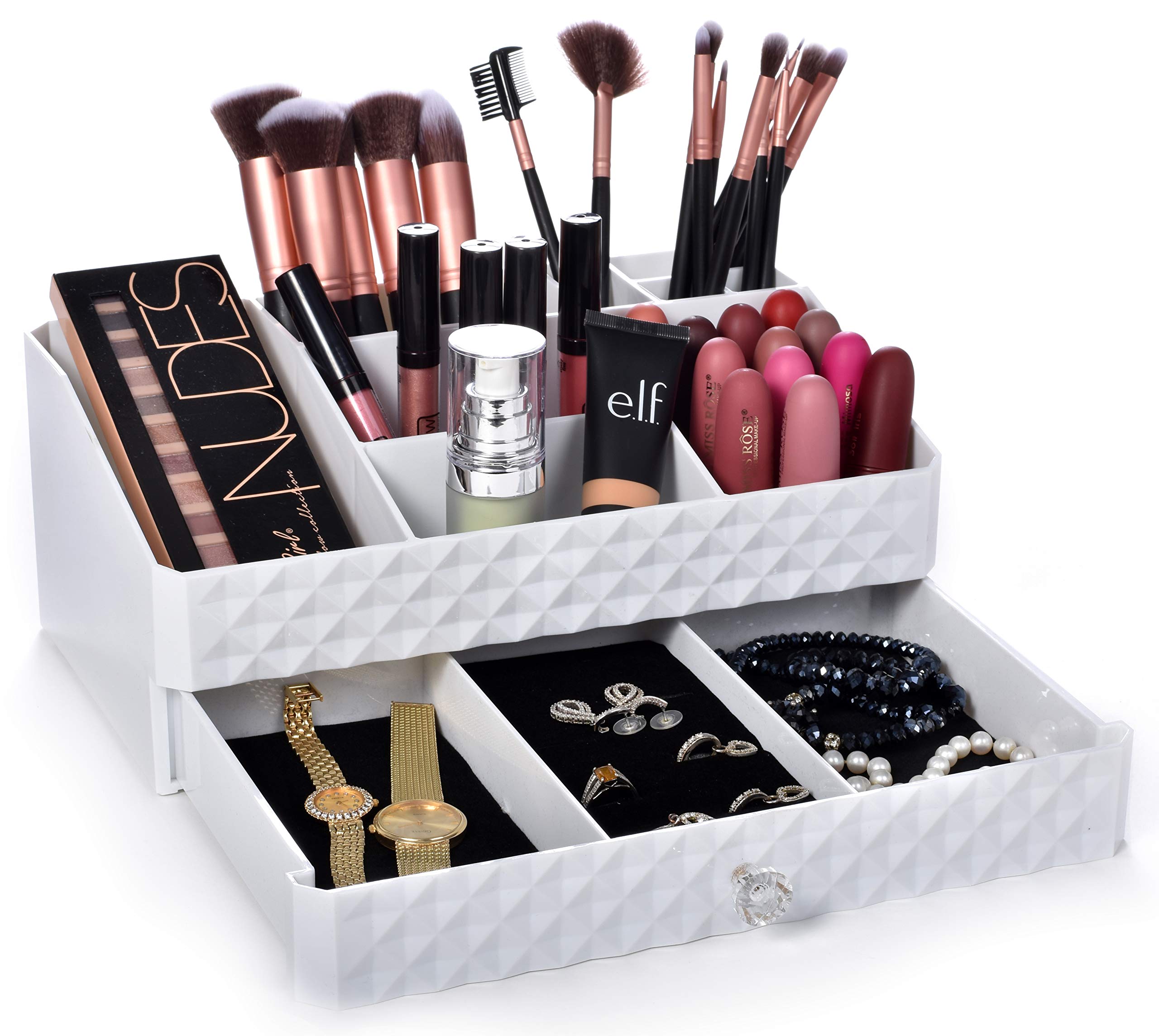 Masirs Cosmetic Storage Box Organizer - Compartments to Organize and Store your Makeup and Accessories. Drawer with Padding to Protect Jewelry. Will Sit Neatly on Vanity or Bathroom Countertop.