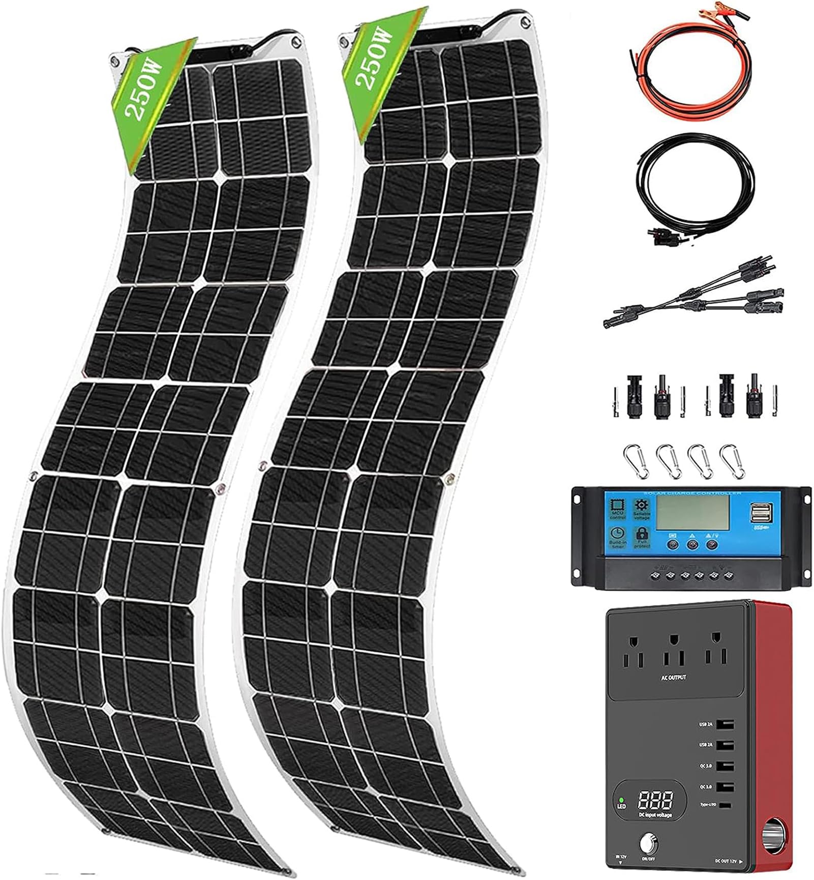 500W Portable Solar Panels 2pcs 250 Watt PET Flexible Solar Panel Monocrystalline Solar Battery Charger for Car Yacht Battery Boat with 40A Controller