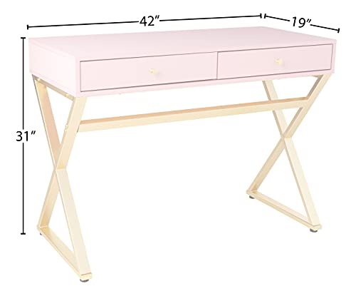 Acme Coleen Wooden Top Writing Desk with 2 Drawers in Pink and Gold