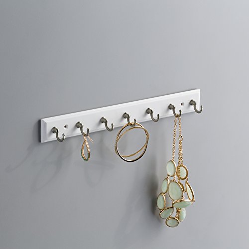 Franklin Brass Key Rail, 7 Hooks, 14 Inches, White & Satin Nickel Finish