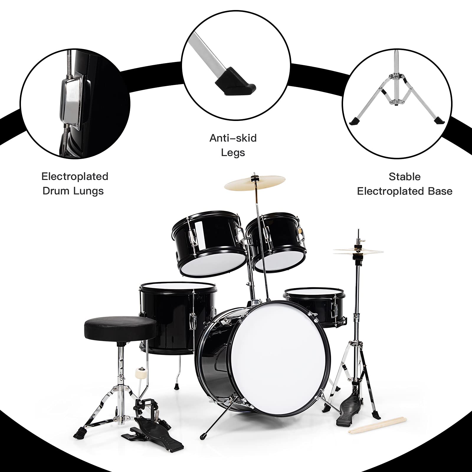 Costzon 16β Kids Drum Set, 5-Piece Full Size Complete Junior Drum Set with Adjustable Throne, Cymbal, Hi-Hat, Pedal & Drumsticks, Beginner Drum Kit with Bass Snare Tom Drum, Age 3-12, Black