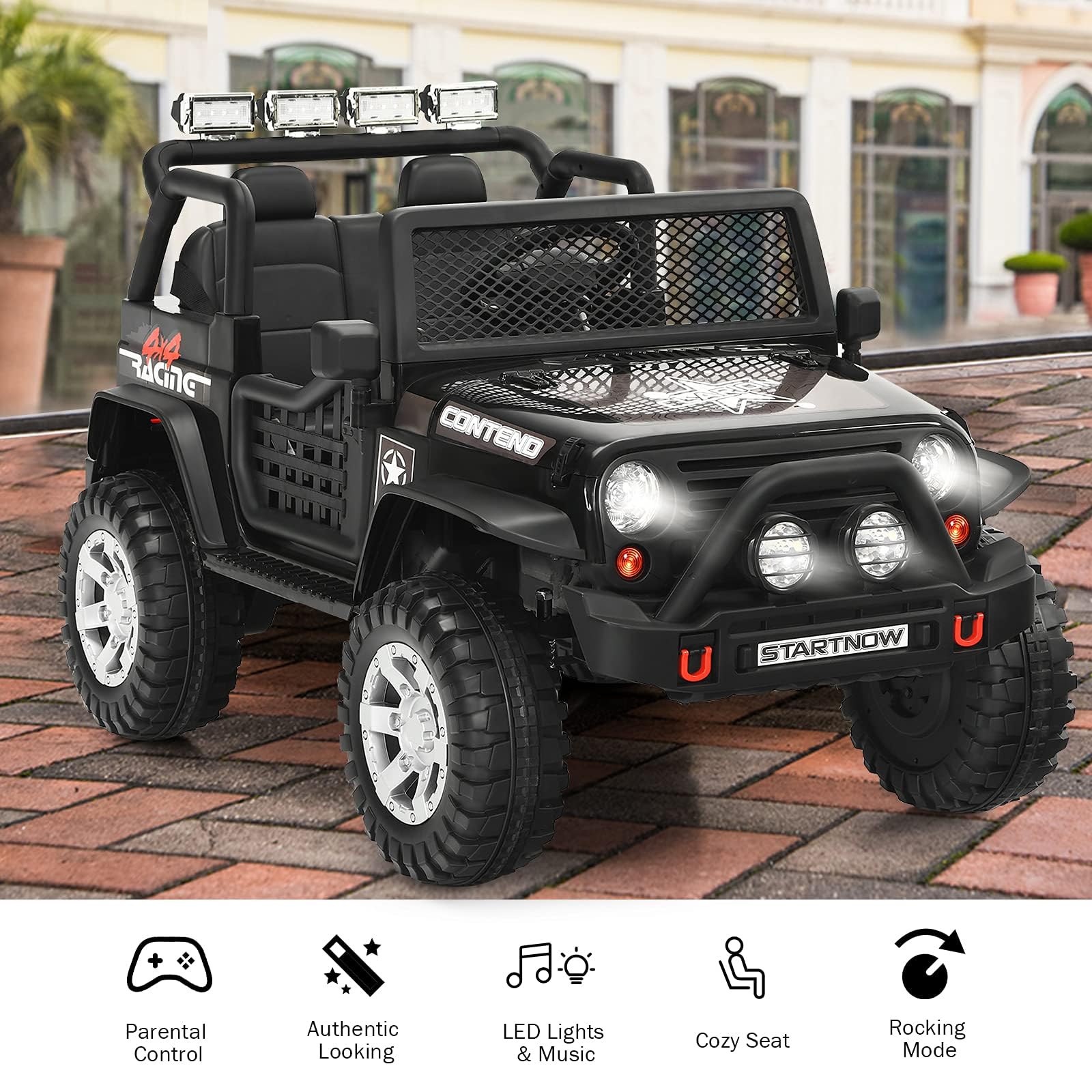 Costzon 2-Seater Ride on Truck, 12V Battery Powered Electric Vehicle w/Remote Control, 2 Speeds, Spring Suspension, LED Light, Horn, Music/ MP3, 2 Doors Open, Ride on Car for Kids (Black)