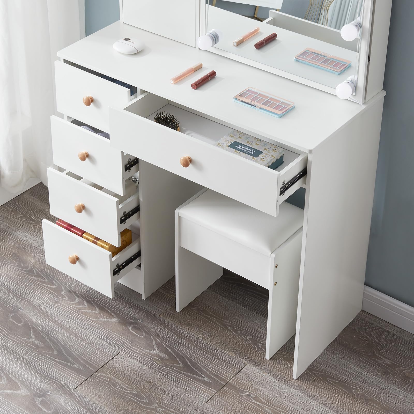 Abesthink Makeup Vanity with Lights, Makeup Vanity Desk with Mirror and 10 LED Lights,Vanity Table Set with 5 Drawers, Cabinet,Stool and Hidden Shelves,Vanity Set Dressing Table for Bedroom, White