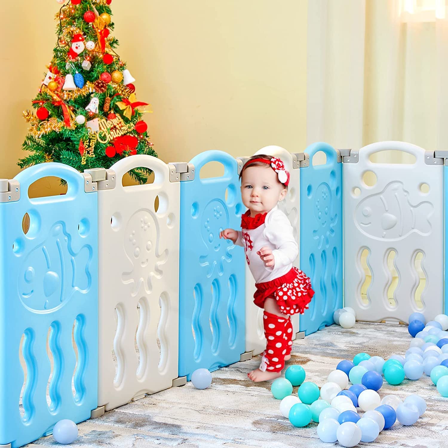 Albott Foldable Baby Playpen Foldable Thicken Kids Safety Play Fence 2-Panel Toddler Play Yard Extension (Sky Blue+White)