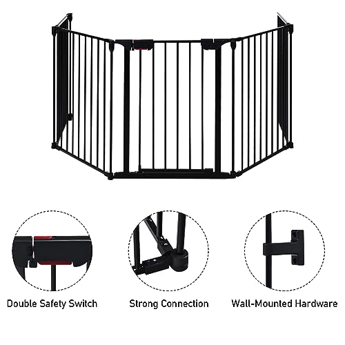 Costzon Baby Safety Gate, 121 Inch Length 5 Panel Adjustable Wide Fireplace Fence, BBQ Metal Fire Screen Gate, Pet Isolation Fence with Walk-Through Door, Freestanding Pets Gate (Black, 5-Panel)