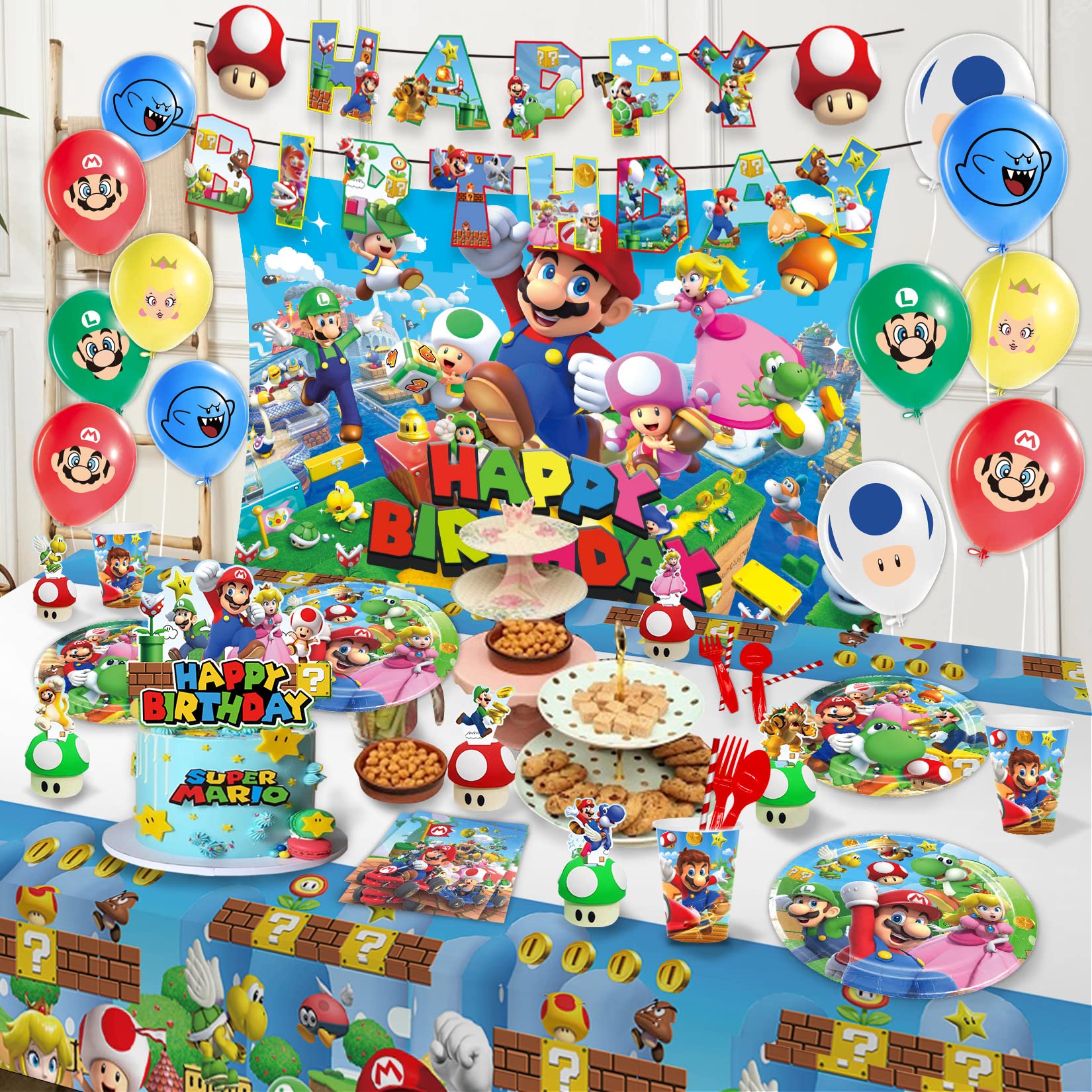 Mario Birthday Party Supplies, 116PCS Mario Party Decorations Include Banners, Backdrop, Plates, Tablecloth, Cup, Forks, Spoons, Cake Topper, straw (10 Guests)