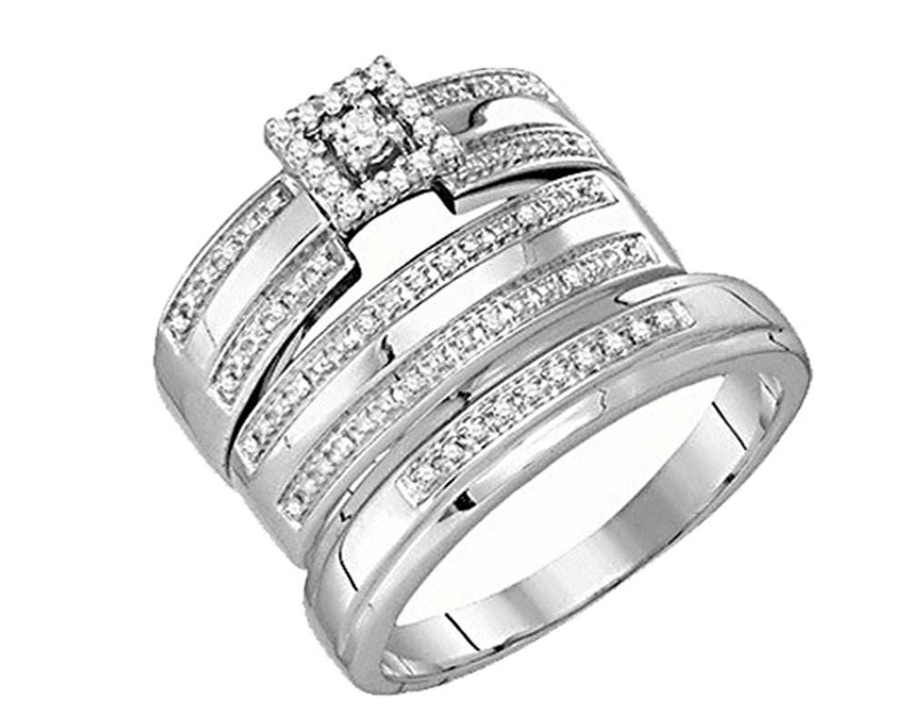 AFFY White Natural Diamond Wedding & Engagement Trio Band Ring Set in 14k White Gold Over Sterling Silver (0.25 Carat)