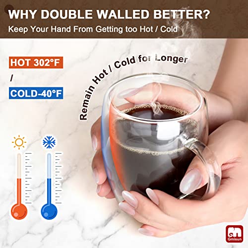 GMISUN Glass Coffee Cups, 2 Pack Double Wall Glass Coffee Mugs with Bamboo Lids, 12 Oz Clear Coffee Mug with Handle, for Ice Coffee/Tea/Hot Beverages/Cappuccino/Latte, Extra Spoons, Coaster