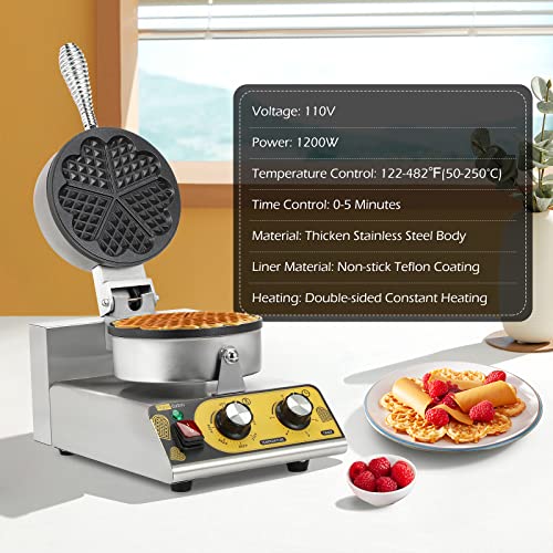 Dyna-Living Commercial Waffle Maker Heart-shaped Waffle Iron Machine 1200W Electric Waffle Machine for Home Use, Non-Stick Round Waffle Baker Maker with 122-482β Temp Range and Time Control (5-Heart)